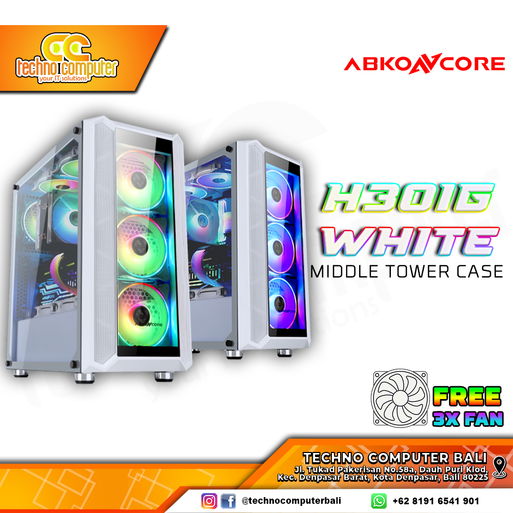 CASING ABKONCORE H301G WHITE - PREMIUM MID TOWER ATX CASE 3x FAN